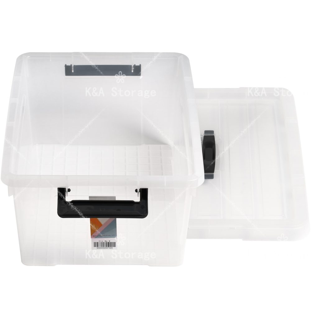 K & A Clip Plastic Storage Box Clear Lid with Black Handle Medium 35L ...