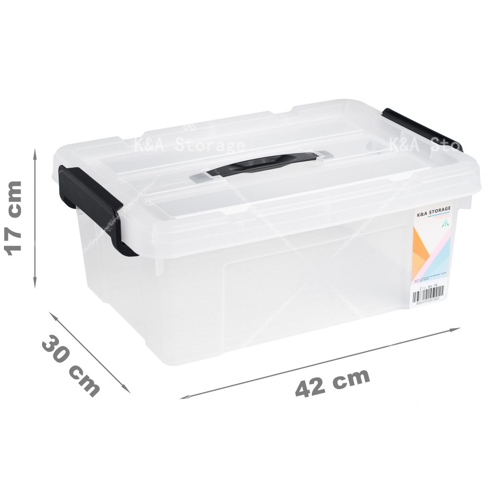 K & A Clip Plastic Storage Box Clear Lid with Black Handle XS 15L Heavy ...